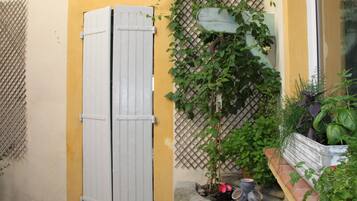 Paredes amarelas com uma porta branca, uma janela treliçada e diversos vasos de plantas.