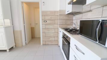Apartamento, 1 quarto, sacada, vista para a cidade | Cozinha privada | Geladeira, talheres/pratos/utensílios de cozinha
