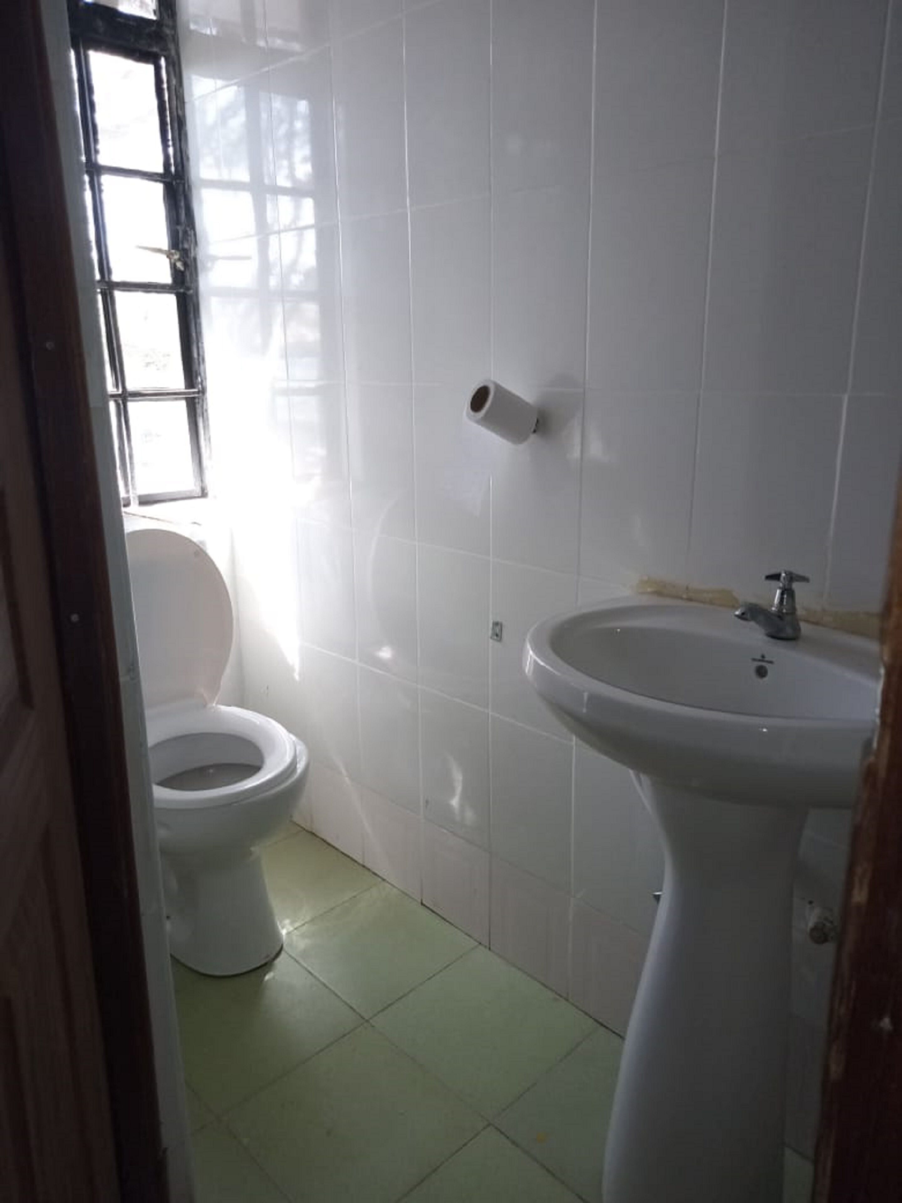 Casa de banho com sanita, lavatório e suporte de papel higiénico na parede.
