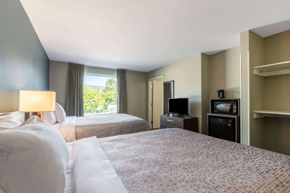 Quarto de hotel com duas camas, televisão, micro-ondas e vista para o verde lá fora.