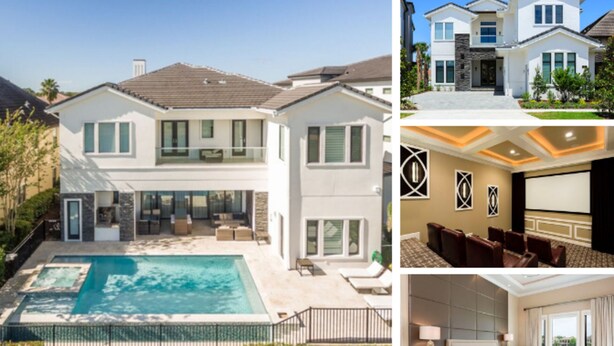 Uma casa de dois andares com piscina, um pátio com mobiliário de exterior e um gramado bem cuidado.