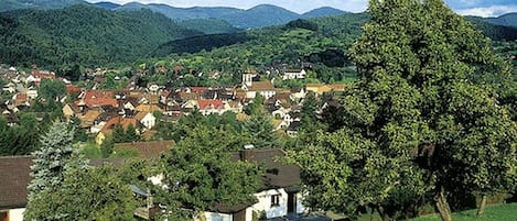 Uma aldeia rural com casas, uma árvore grande e montanhas ao fundo.