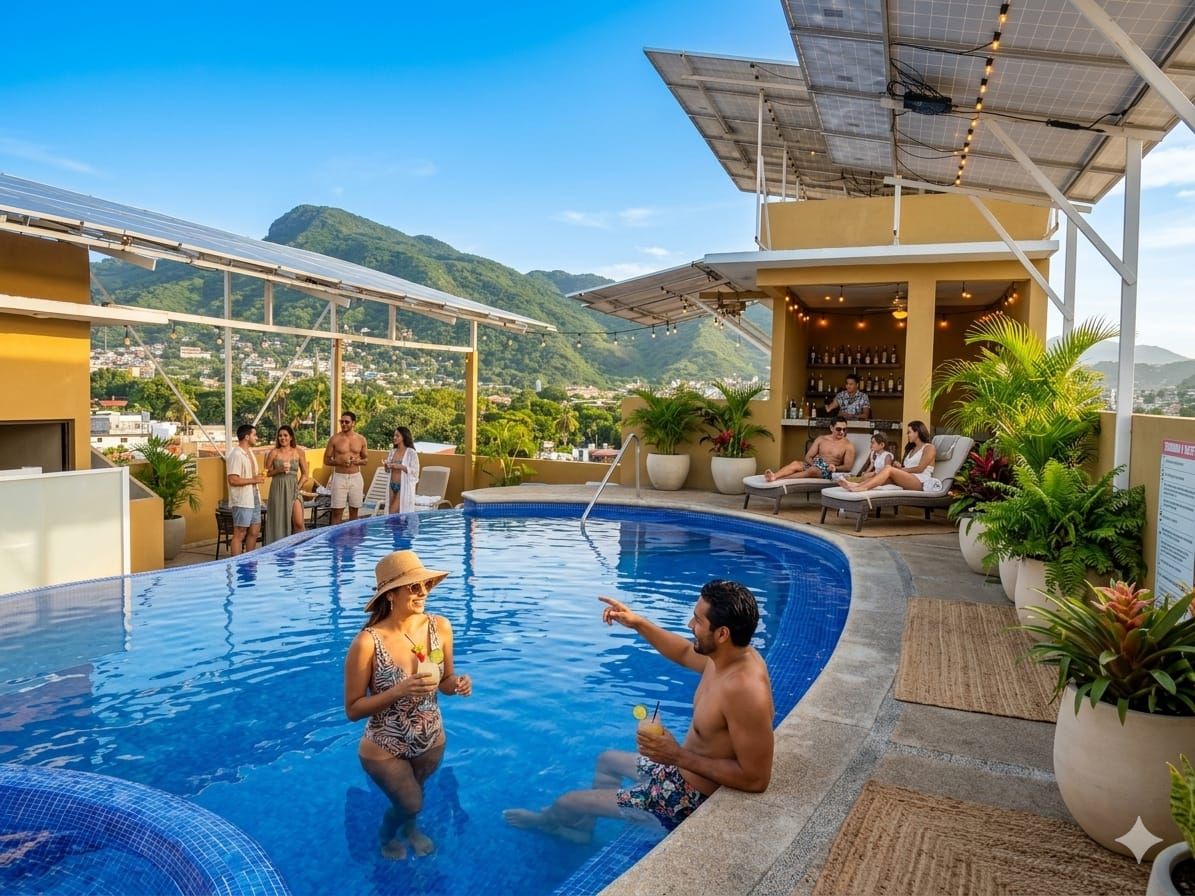Uma área de piscina com bar e assentos, rodeada por plantas em vasos.