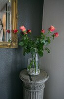 Um vaso com rosas sobre um pedestal, em frente a um espelho na parede.