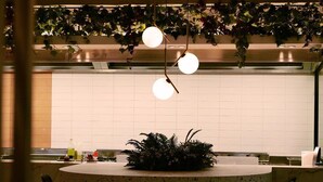 Cozinha com ilha redonda, dois bancos altos, plantas penduradas e luminárias pendentes.
