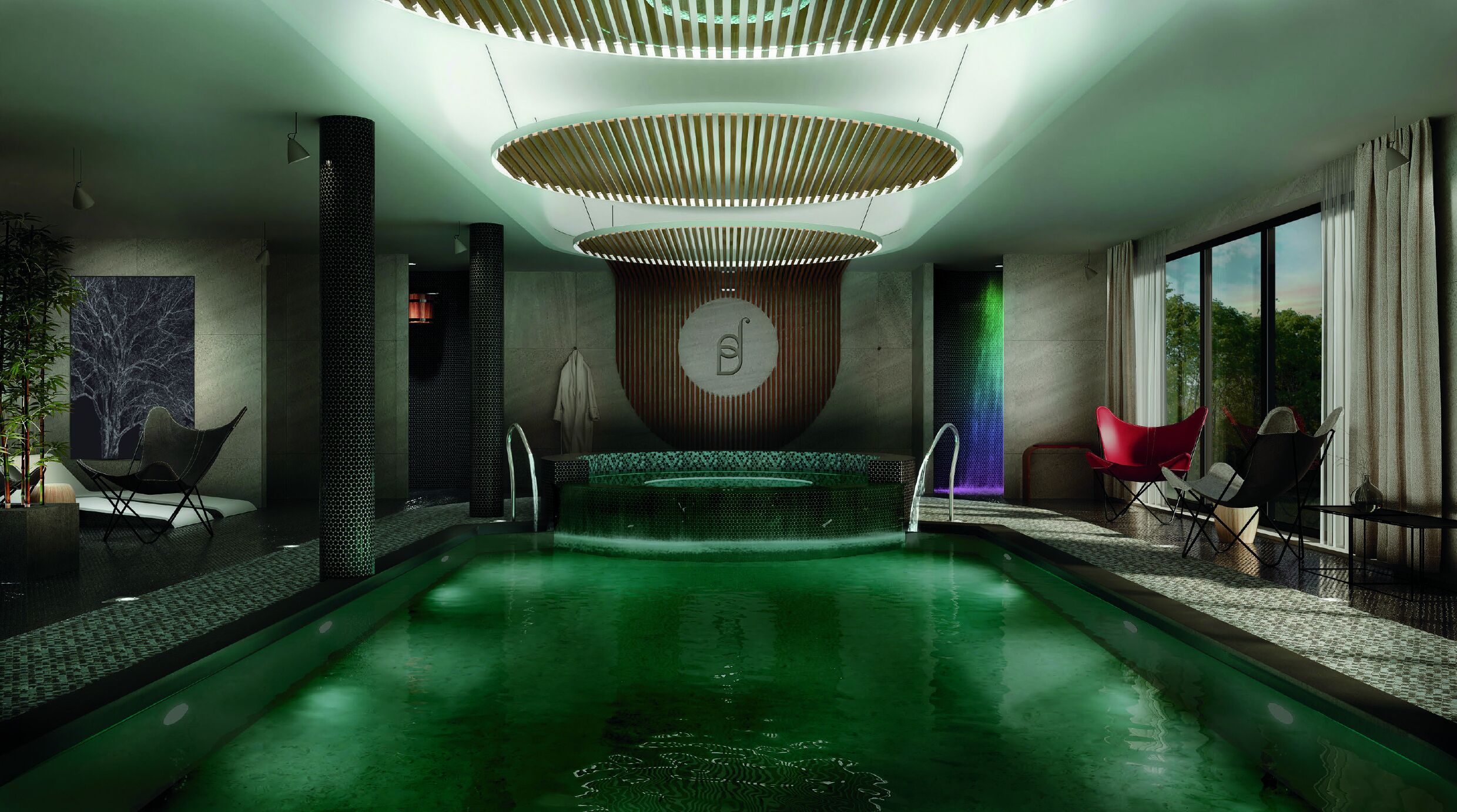 Uma área de piscina interior moderna, com um espaço de estar central, uma janela ampla que oferece vista para o exterior e um design de teto singular.
