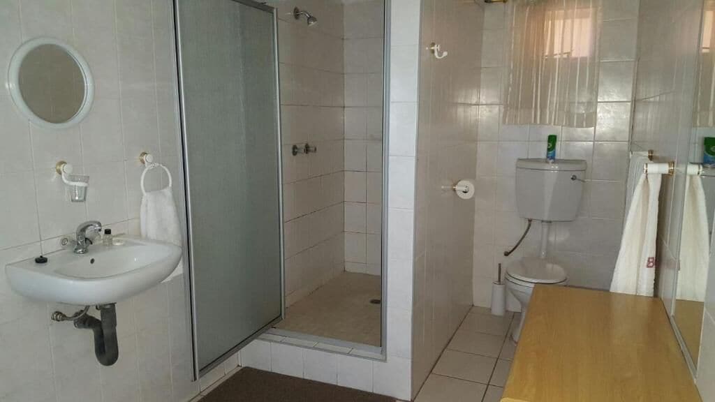 Casa de banho com chuveiro, sanita, lavatório e espelho.