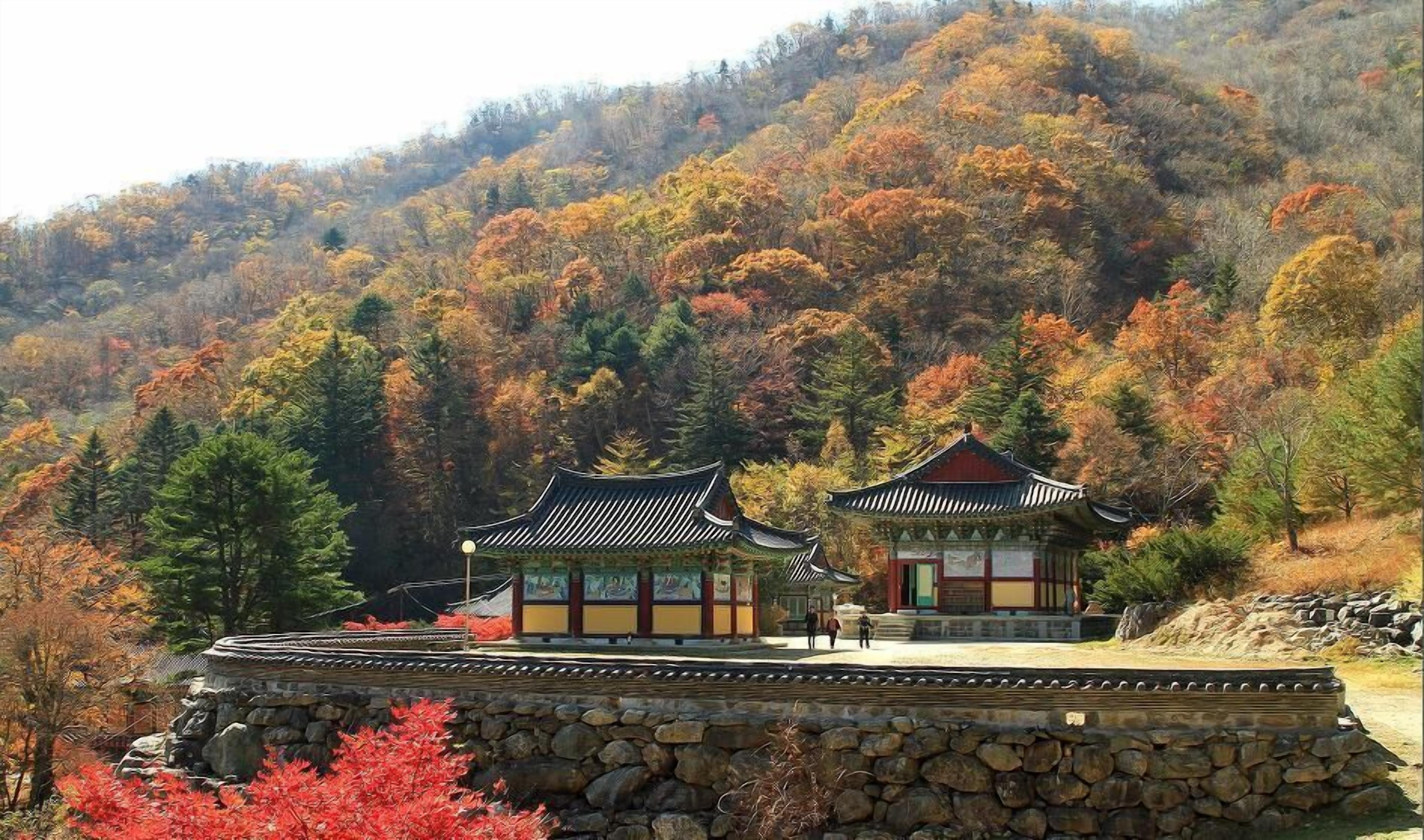 Um pavilhão coreano tradicional com base de pedra, rodeado por folhagem de outono e uma paisagem montanhosa ao fundo.