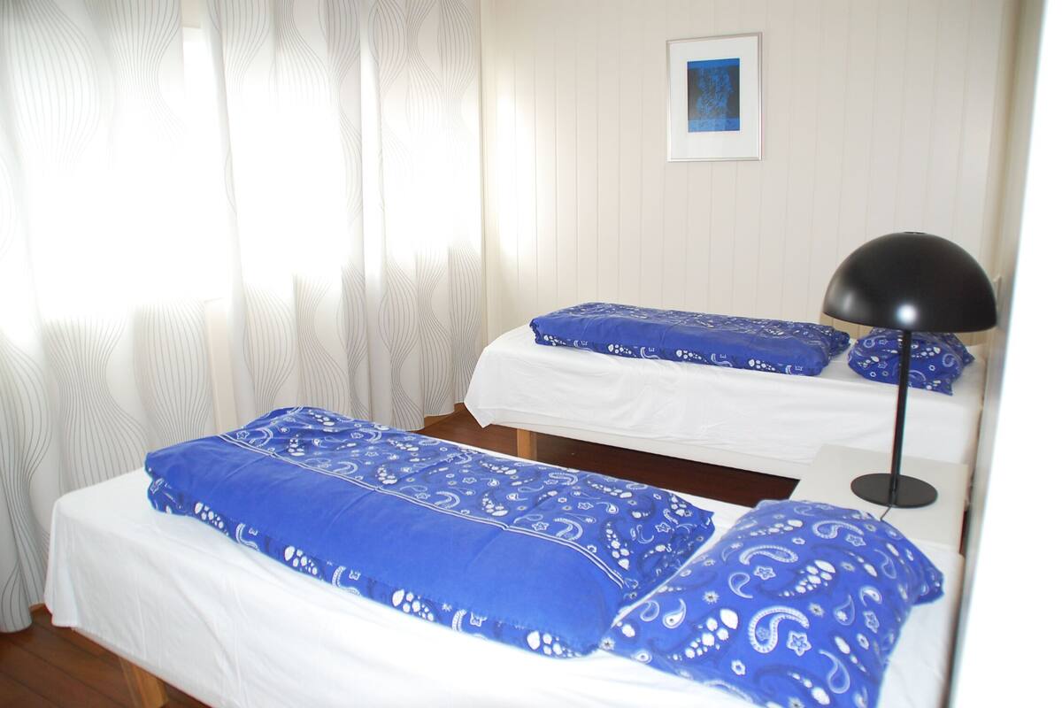 Quarto com duas camas, cada uma com roupa de cama azul e um abajur de chão preto.