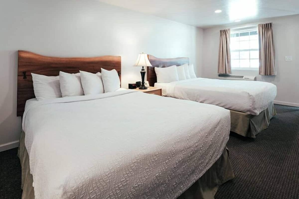 Quarto de hotel com duas camas, cabeceira de madeira, mesa de cabeceira com abajur e uma janela com cortinas.