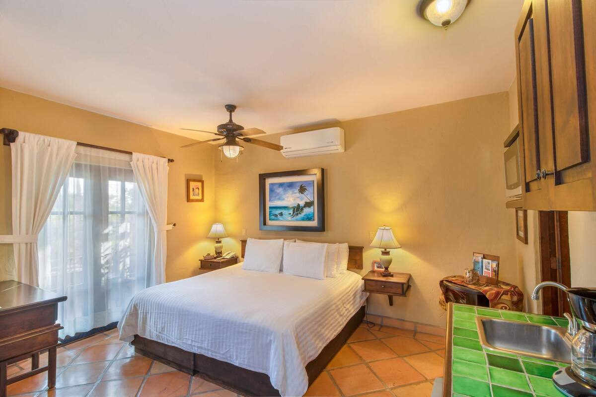 Quarto de hotel com cama, ventoinha no teto, aparelho de ar condicionado, pia verde e quadro pendurado na parede.