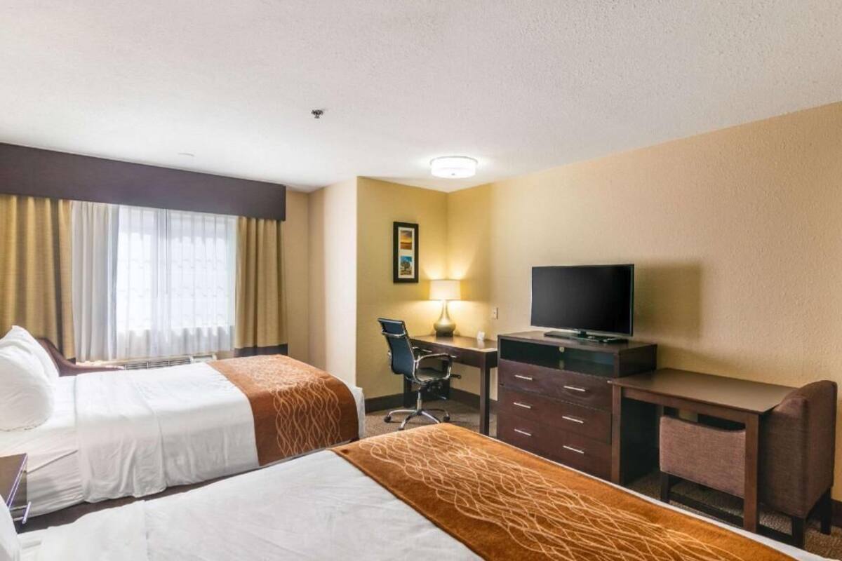 Quarto de hotel com duas camas, uma escrivaninha, uma cadeira, uma televisão e um abajur.