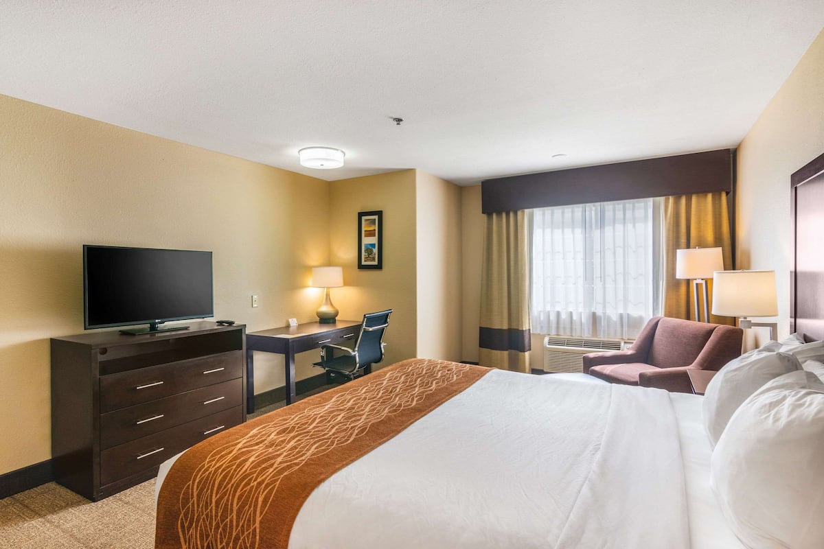 Quarto de hotel com cama, escrivaninha, cadeira, televisão e janela com cortinas.