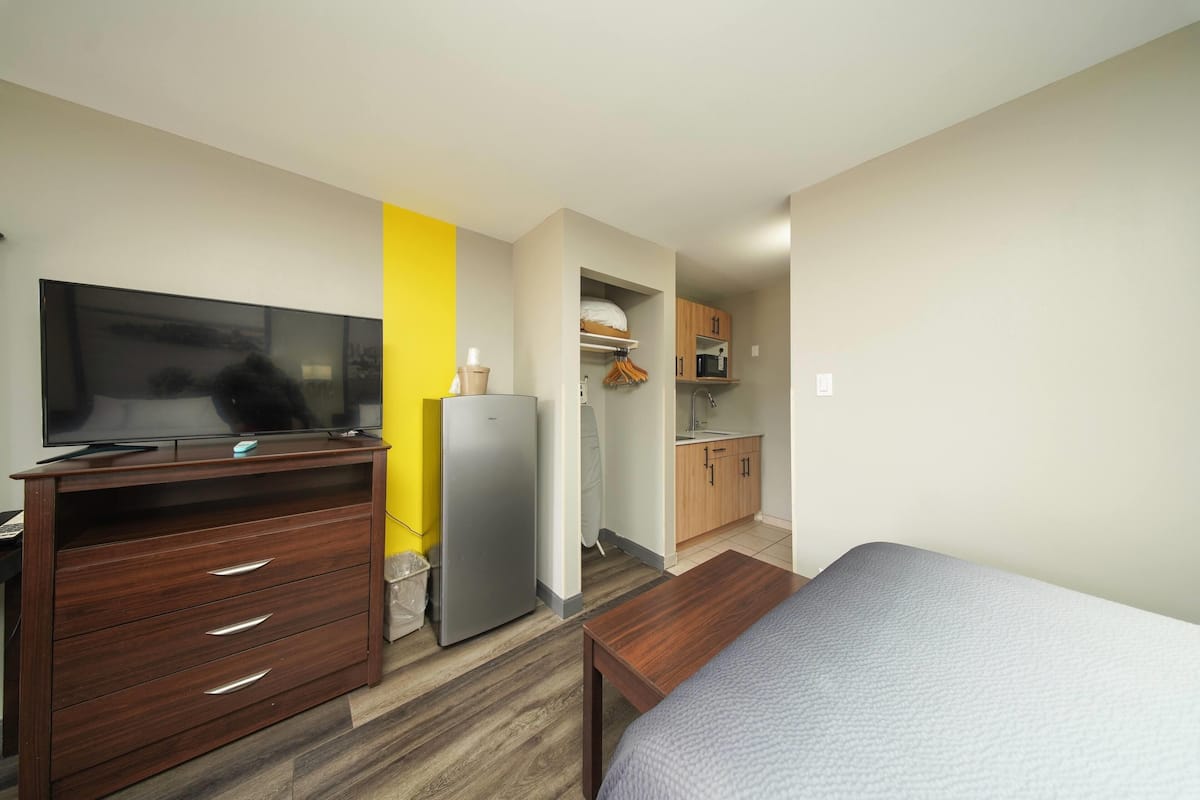 Quarto de hotel pequeno, com uma cama, televisão, cómoda de madeira, frigorífico e kitchenette.