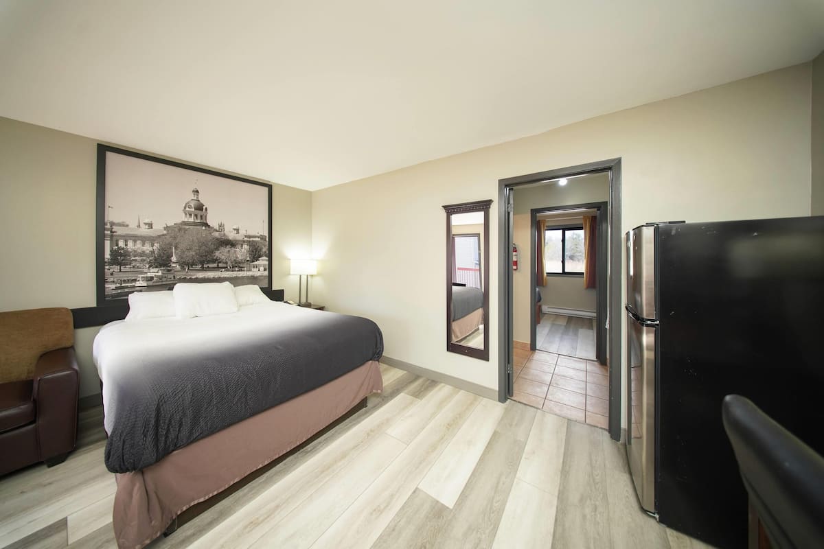 Quarto de hotel com cama, escrivaninha, cadeira, frigorífico, espelho e um quadro na parede.