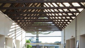 Área de pátio coberta ao ar livre, com um banco, vasos de plantas e vista para um edifício ao fundo.