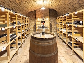 Uma adega com prateleiras e barris de madeira, exibindo diversos vinhos engarrafados e um barril central.