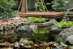 Um lago de carpas com pedras, plantas, um deck de madeira e um muro de pedra.