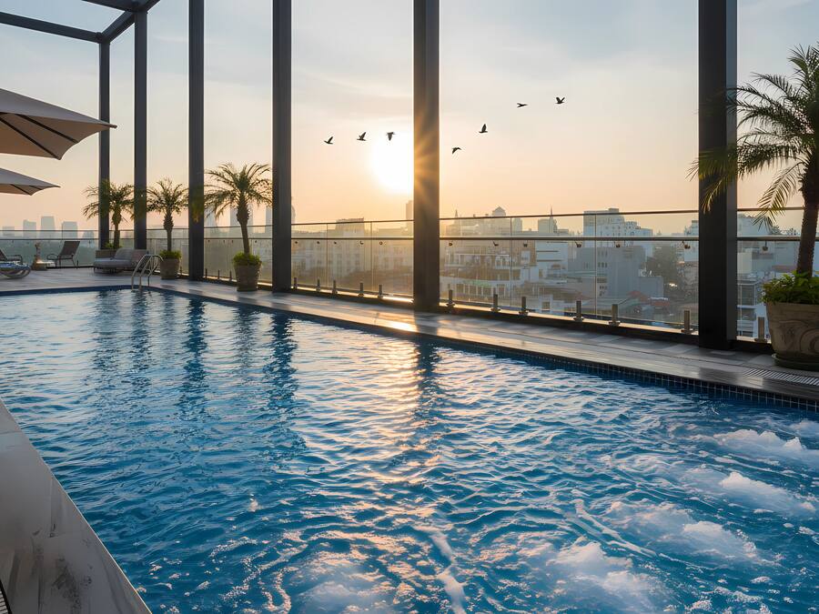 Piscina interna, piscina externa, funciona das 6h às 20h, guarda-sóis