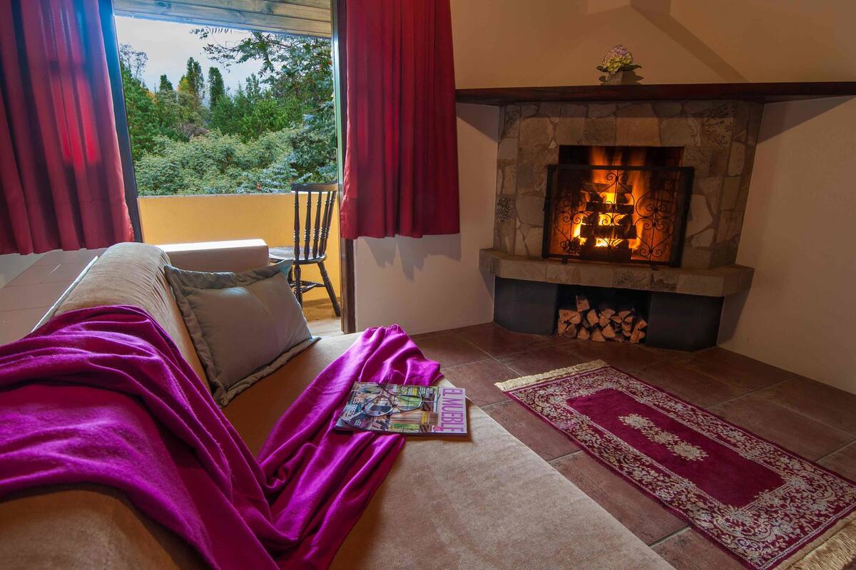 Um quarto acolhedor com lareira, cama, janela com cortinas e vista para o verde lá fora.