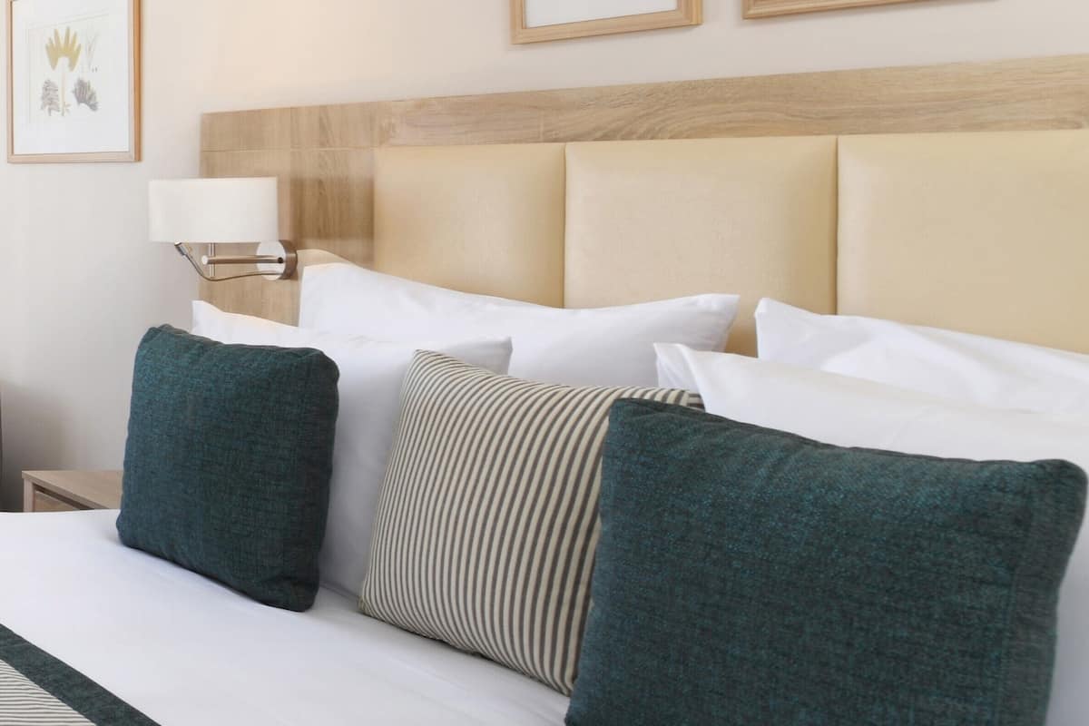 Quarto de hotel com uma cama grande, várias almofadas, cabeceira, mesa de cabeceira com abajur e arte botânica emoldurada na parede.