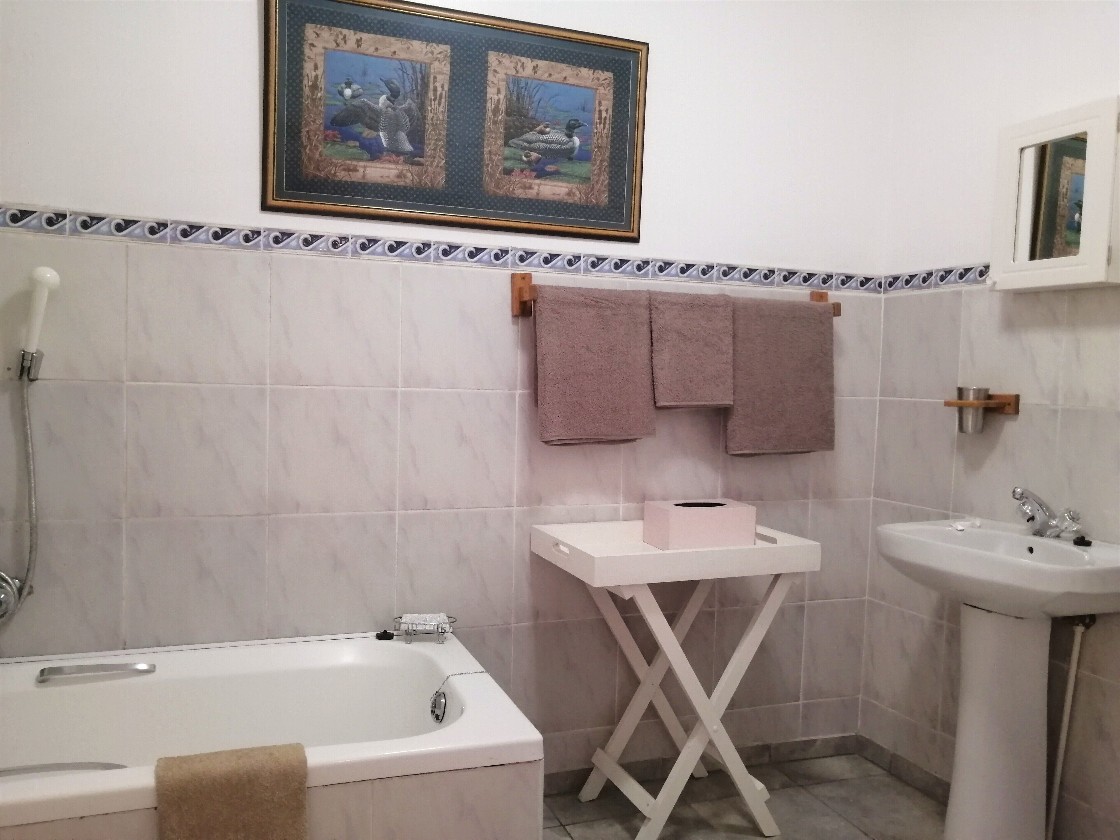 Casa de banho com banheira, pia e duas imagens emolduradas na parede.