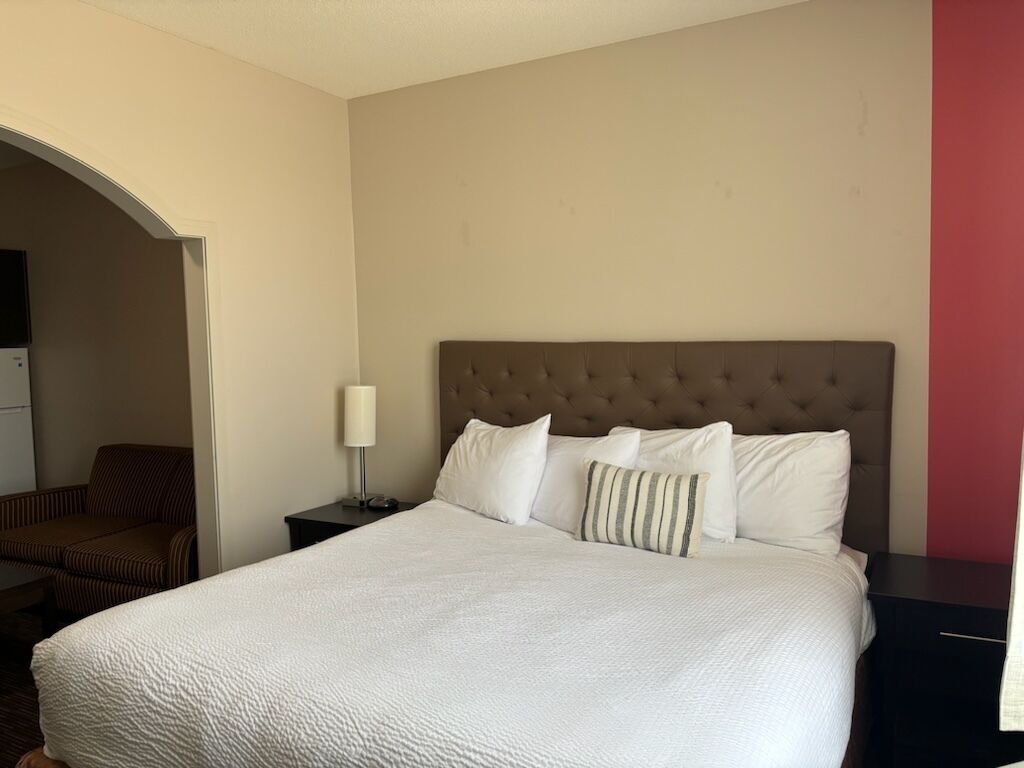 Quarto de hotel com uma cama grande, mesa de cabeceira com abajur, cadeira e televisão.