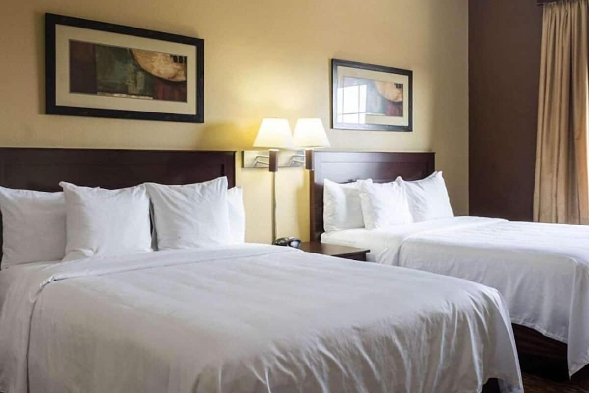 Quarto de hotel com duas camas, uma mesa de cabeceira com abajur e duas fotos emolduradas na parede.