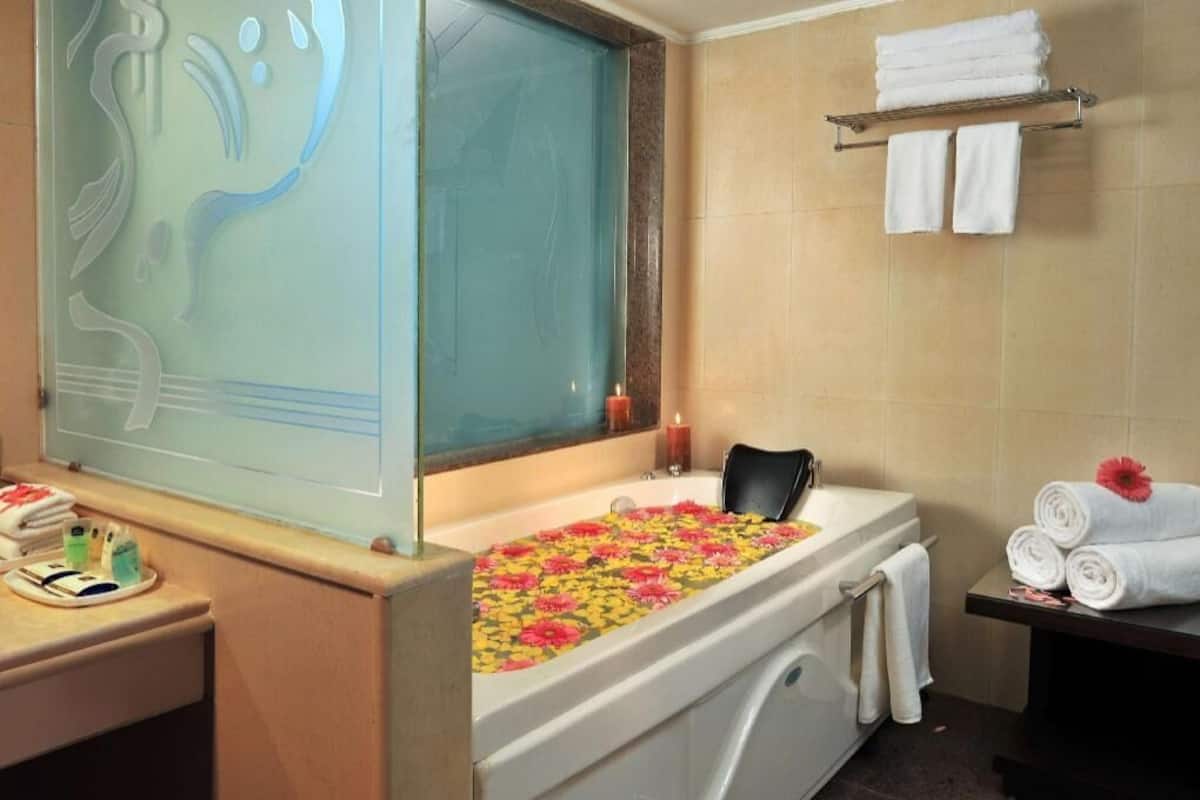 Casa de banho | Um polibã, um chuveiro fixo, artigos de higiene pessoal grátis