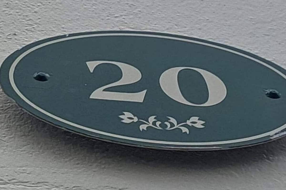 Placa de identificação de casa com o número 20, exibindo um desenho floral decorativo.