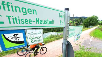 Um sinalizador com indicações para Offingen e Titisee-Neustadt, e um ciclista numa trilha de terra.