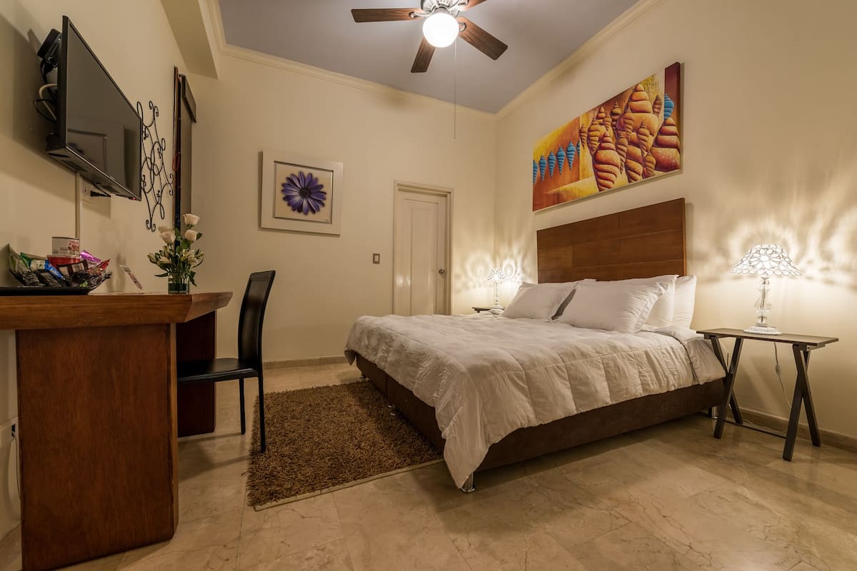 Quarto de hotel com cama, escrivaninha, cadeira, televisão e um quadro na parede.