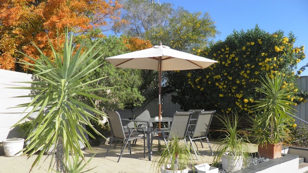 Um pátio externo com mesa e cadeiras, cercado por plantas em vasos e um grande guarda-sol.