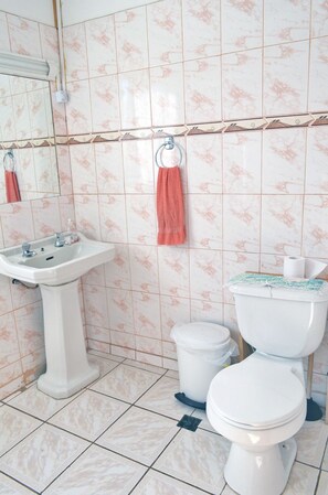 Casa de banho com lavatório, sanita e espelho.