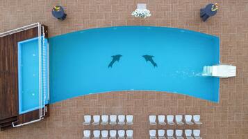 Piscina ao ar livre com dois golfinhos, rodeada por espreguiçadeiras e plantas em vasos.