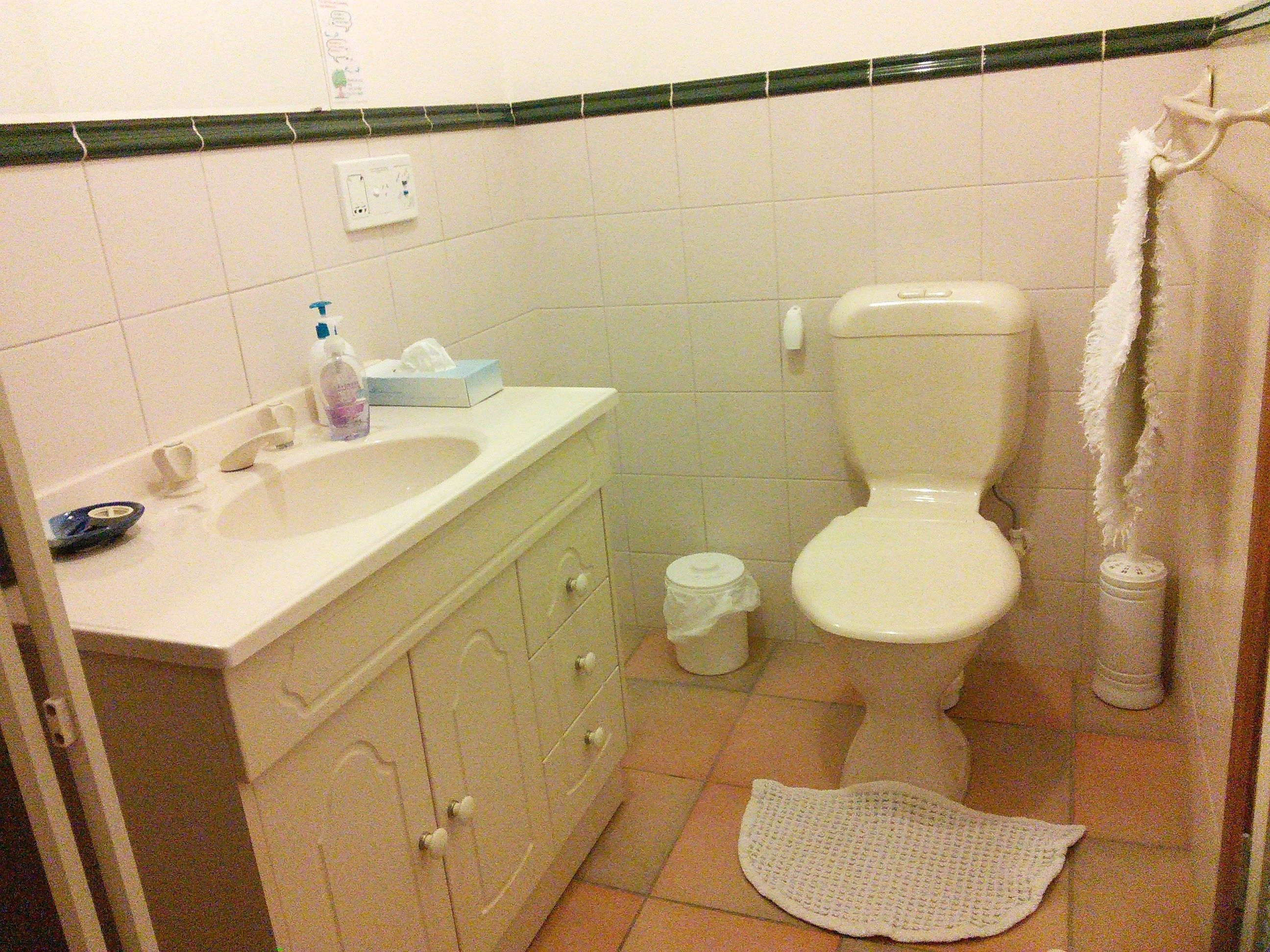 Um banheiro com vaso sanitário, pia e armário.