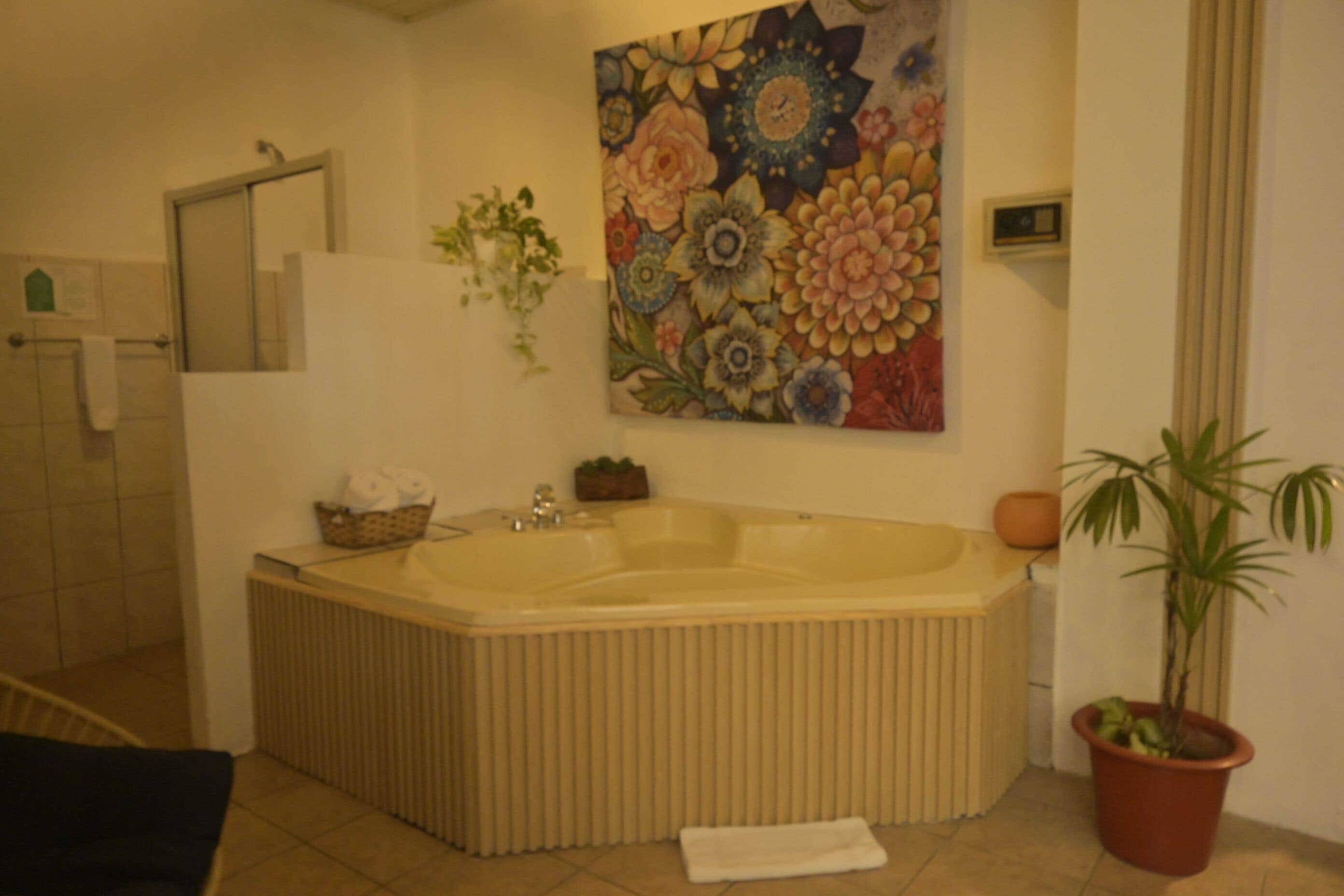 Uma casa de banho com uma banheira grande, chuveiro e um quadro com flores na parede.