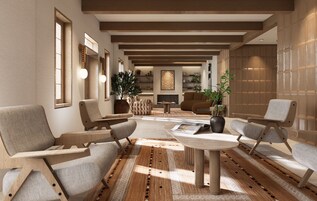 Um interior moderno com área de estar central, detalhes em madeira e piso estampado.