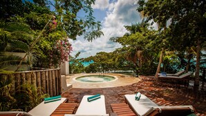 Uma área na beira da piscina com espreguiçadeiras de madeira, uma banheira de hidromassagem e vegetação exuberante.