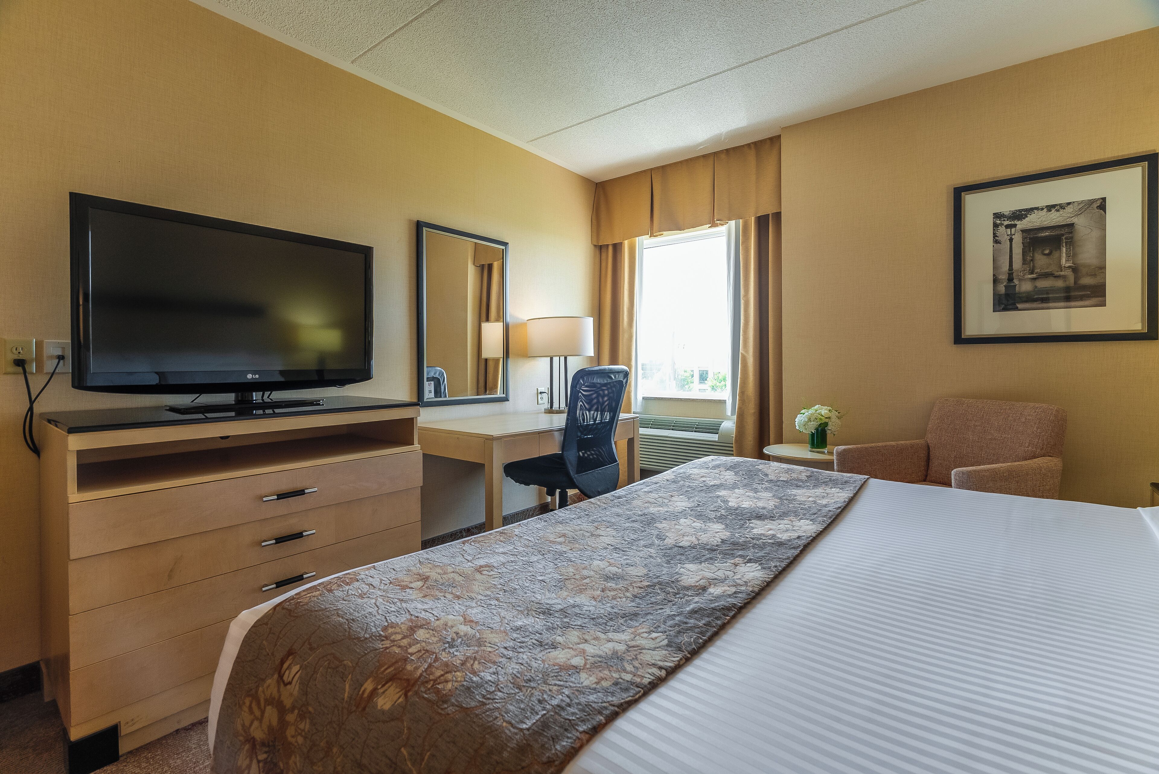 Quarto de hotel com cama, escrivaninha, televisão, cadeira e quadro na parede.