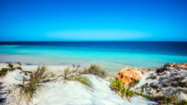Uma praia com águas turquesa cristalinas e areia branca.