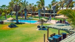 Uma área de piscina com palmeiras, cadeiras de descanso e um gazebo.