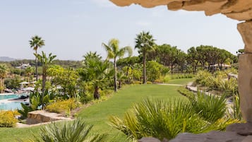 Uma área verde exuberante com palmeiras, piscina e vista para edifícios ao longe.