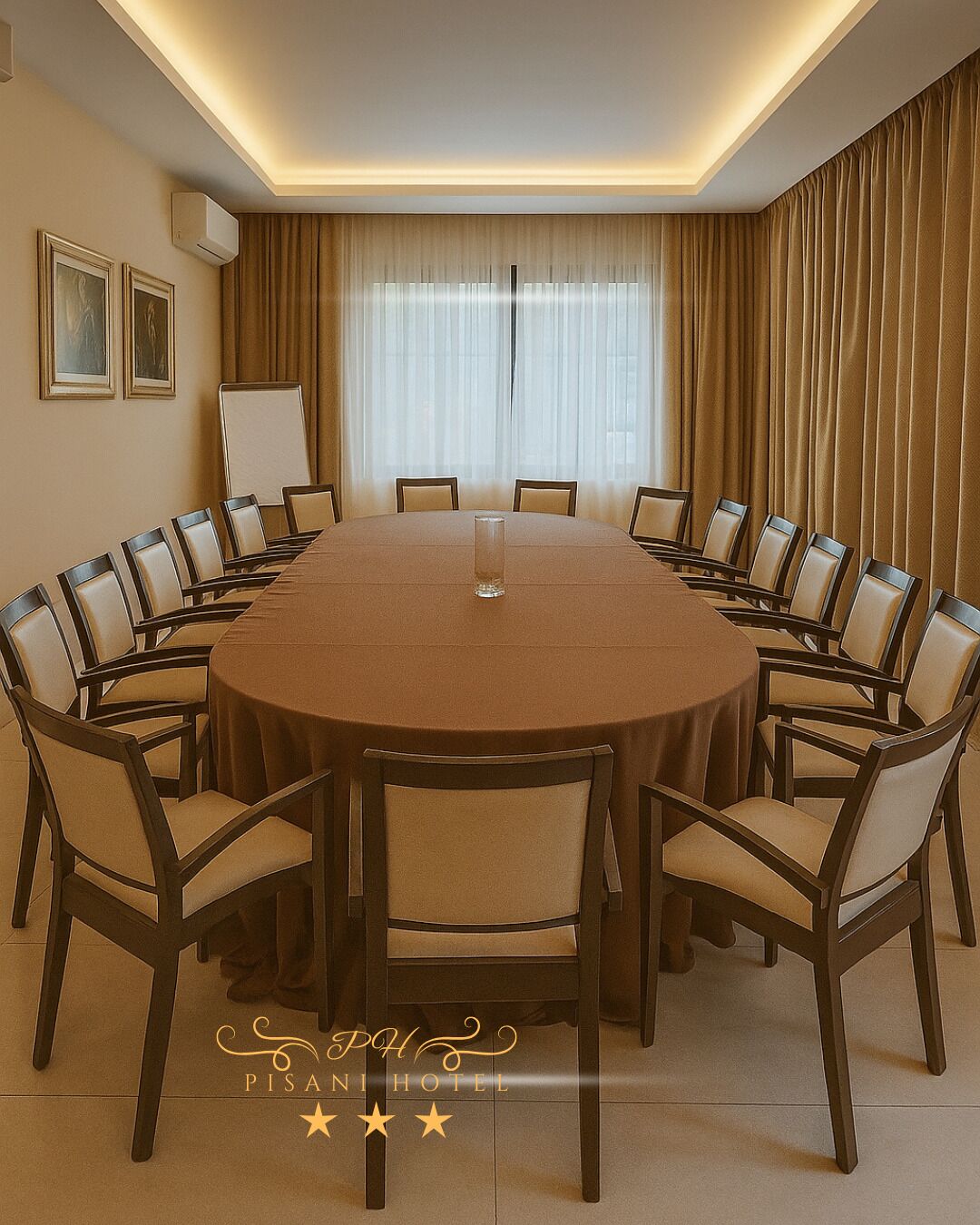 Sala de conferência com mesa redonda, cadeiras, quadro branco e cortinas.