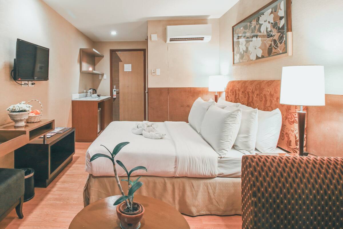 Quarto de hotel com cama, escrivaninha, televisão, planta em vaso e um quadro na parede.