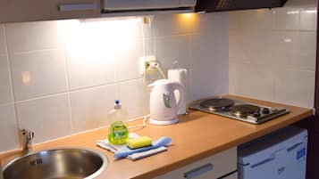 Estúdio, 2 camas individuais | Kitchenette privada | Um frigorífico, um micro-ondas, uma cafeteira/bule