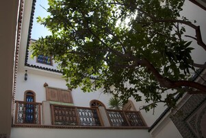 Um edifício com fachada branca, uma varanda com grades de metal elaboradas e uma árvore ao primeiro plano.