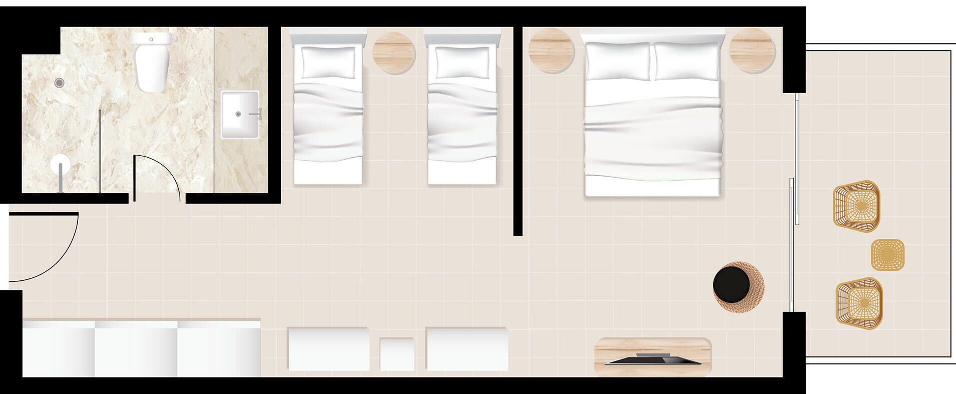 Disposição de um quarto de hotel, com banheiro, cama, pia e uma pequena área de estar.