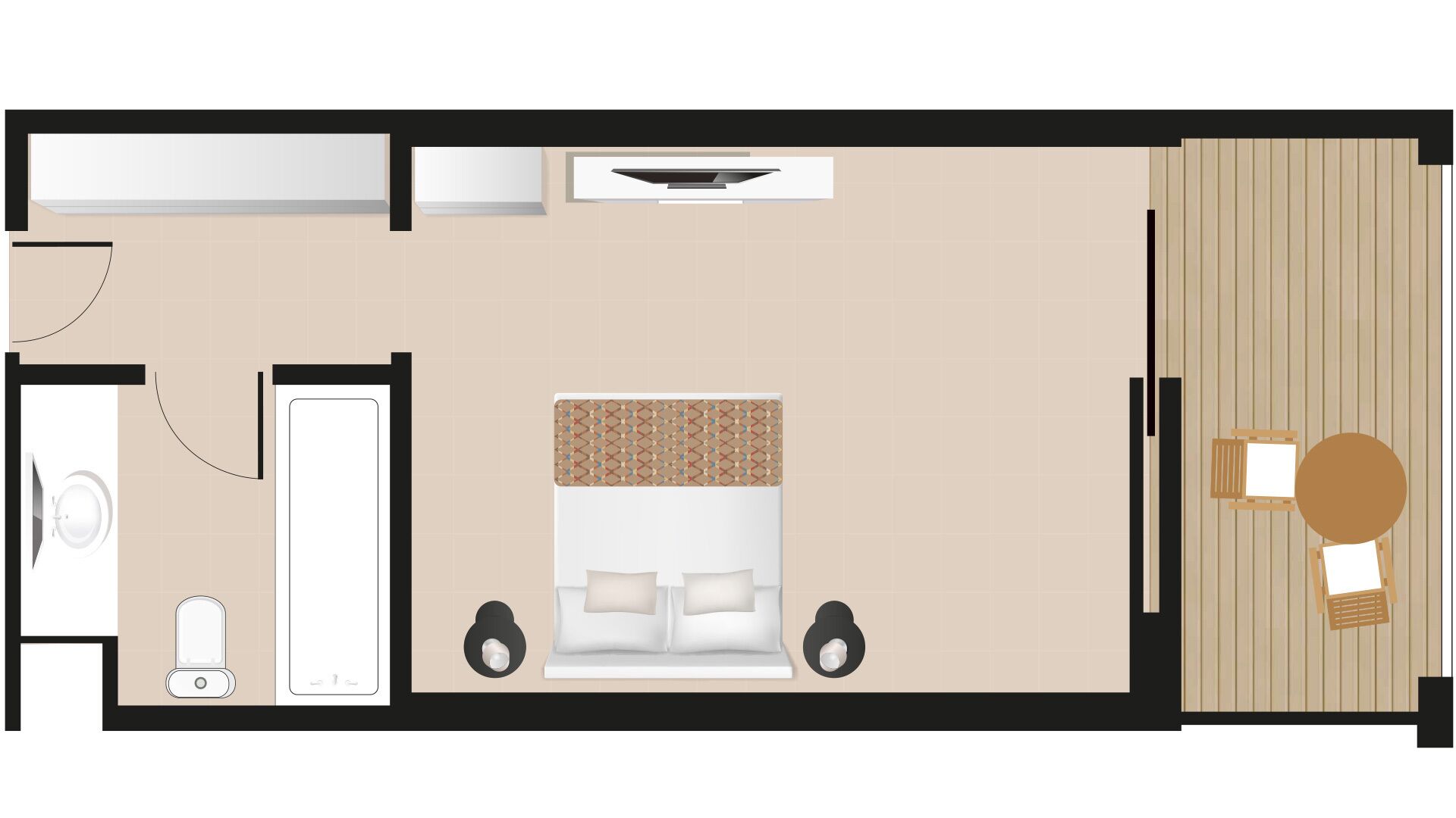 Layout de quarto de hotel com cama, mesa de cabeceira, cadeira e pequena área de trabalho.
