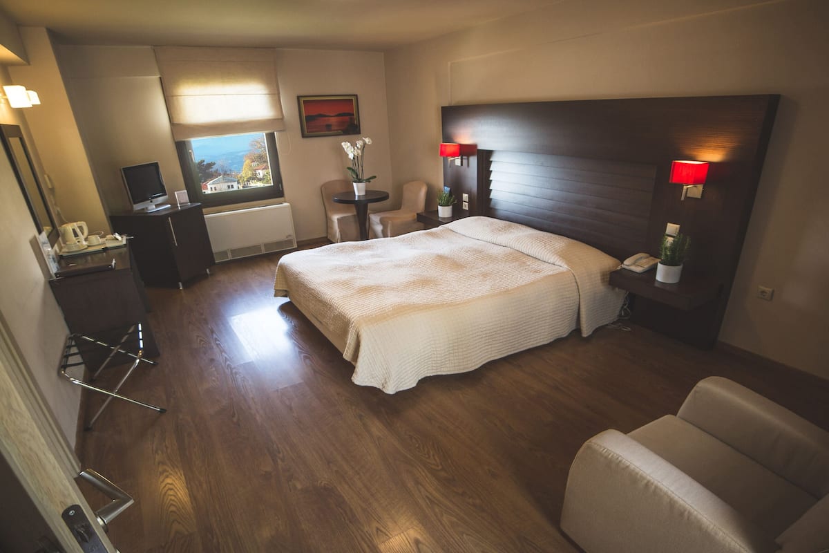 Quarto de hotel com uma cama grande, uma escrivaninha com computador, uma cadeira, uma pequena mesa com uma planta e uma janela com vista.